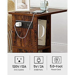 HILINSIE C Shaped End Table with Charging Station - Narrow Side Table with USB Ports and Outlets for Small Spaces, 3-Tier Storage Shelves Nightstand, 11.9 x 15.8 x 21.7 Inches, Rustic Brown