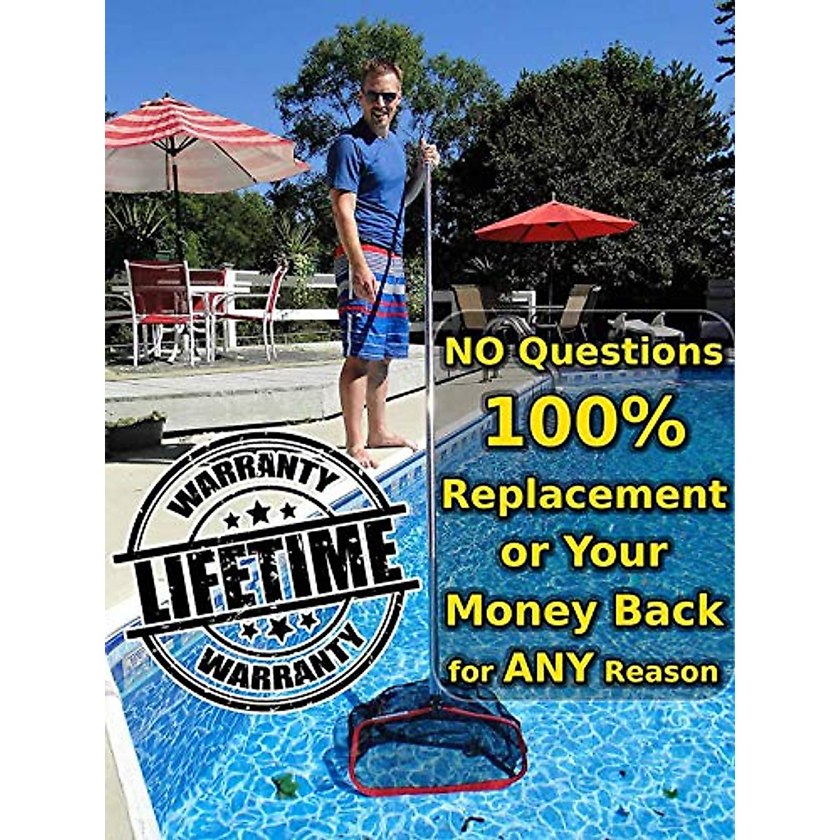 Pool Skimmer Net Rake, Ultra Fine Mesh, Unlimited Free Replacement by ProTuff - 3X Faster Heavy Duty 250 Micron Nylon for Cleaning Silt, Sand, Pollen & Swimming Pool Skimming - 60 Mesh - 18"