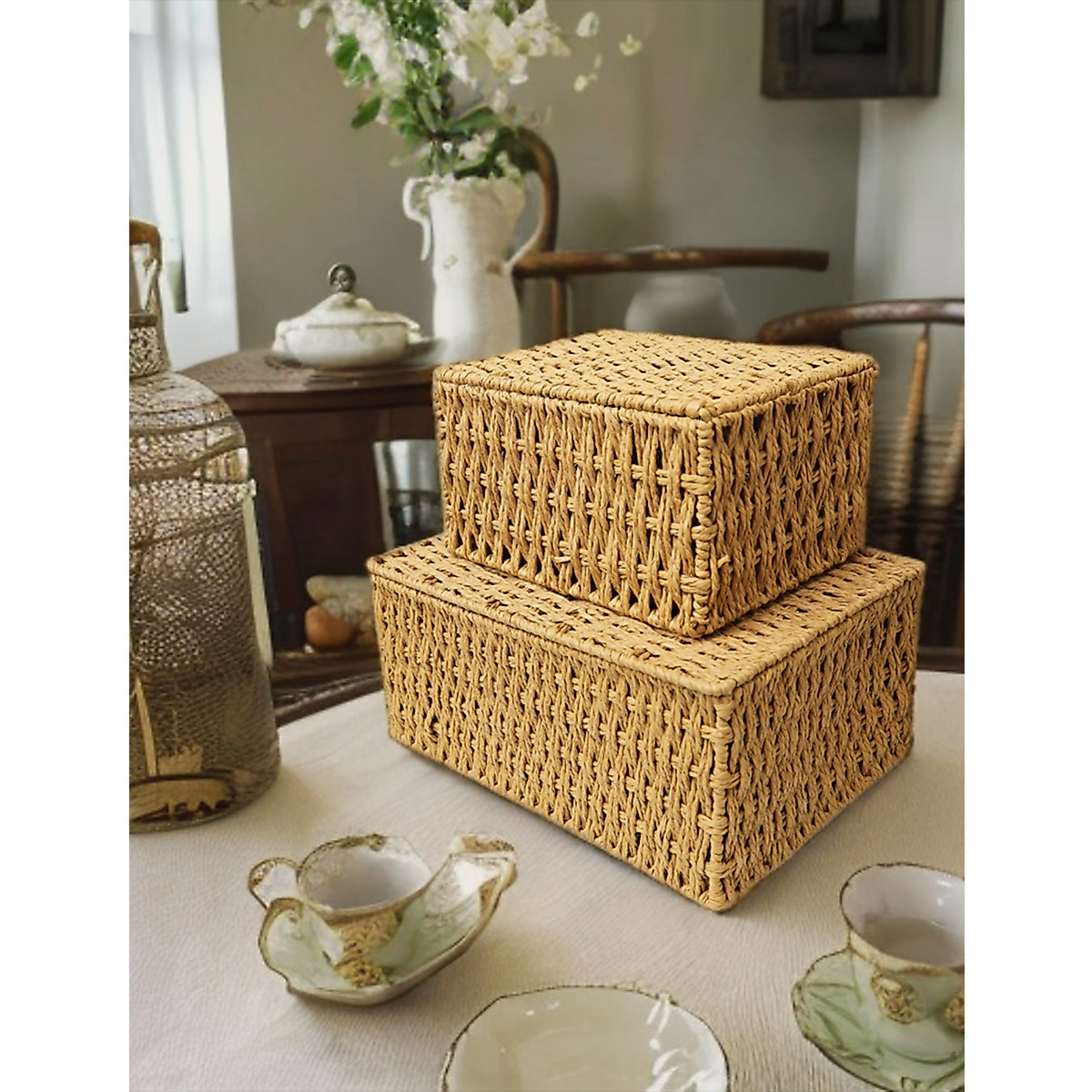 RoyalHouse Woven Stackable Storage Baskets with Lid, Decorative Rope Organizer Bin - Set of 2 (2 Sizes), Beige (No Liner)