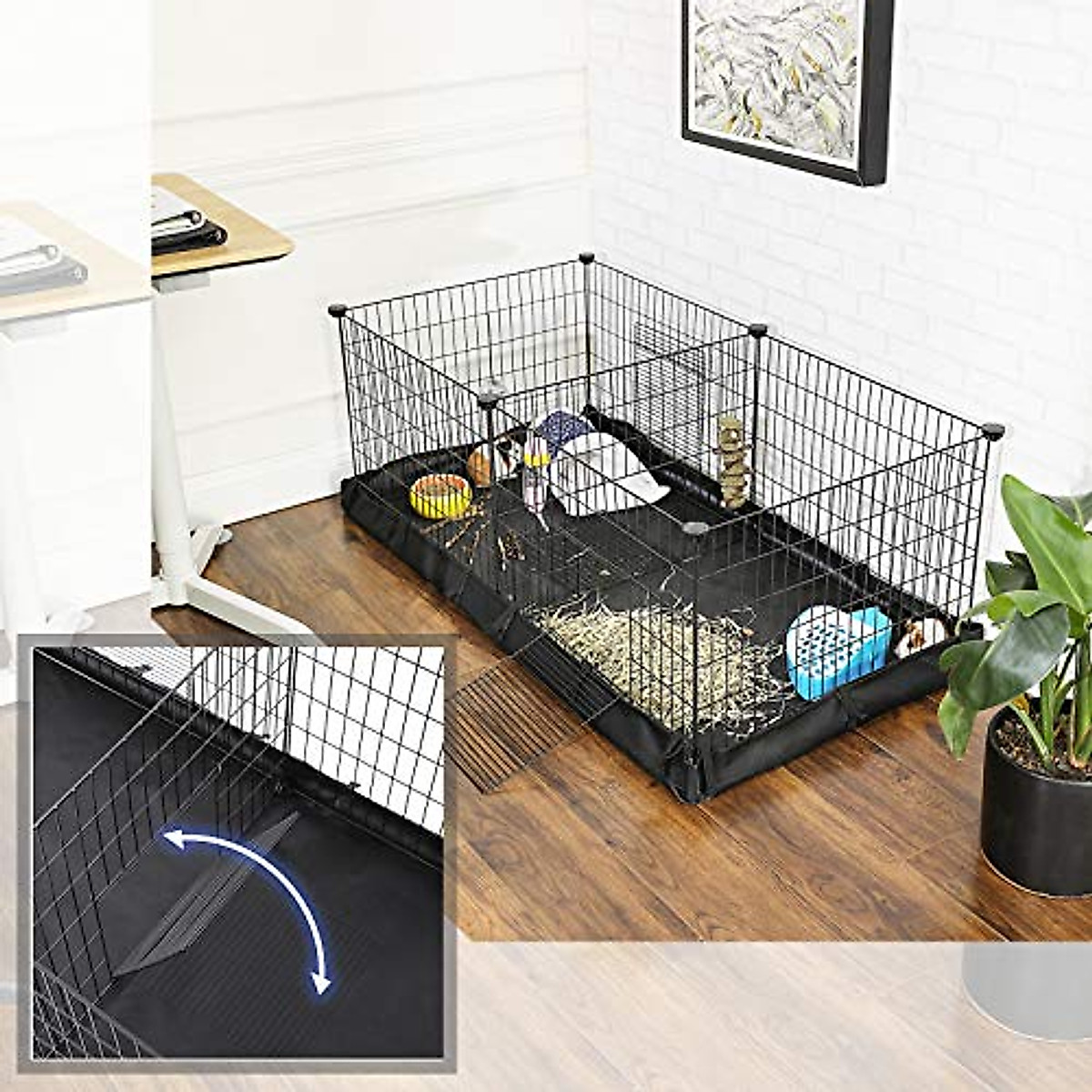 SONGMICS Pet Playpen, Small Animal Cage, Exercise Pen and Enclosure with Divider Panel for 2 Separate Spaces, Floor Mat and 3 Doors, 48.4 x 24.8 x 18.1 Inches, Black ULPI07H