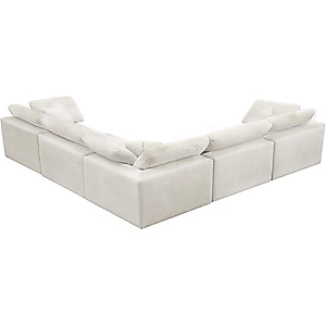 Meridian Furniture 634Cream-Sec5C Cozy Collection Contemporary Fiber Filled Comfort Overstuffed Velvet Upholstered Modular Sectional Seating for 5 Cream