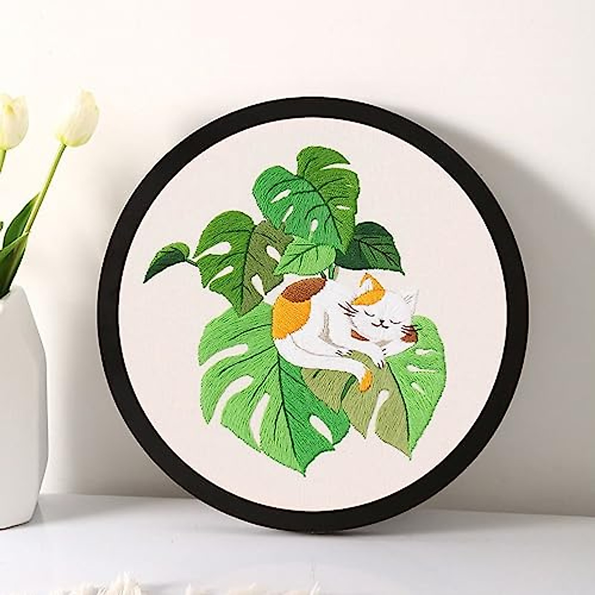 Embroidery Starter Kit for Adults Beginners with Sleepy Cat Green Plant Leaves Pattern Stamped Cross Stitch Set with Embroidery Cloth Hoop Needles Threader Colorful Floss and Instruction