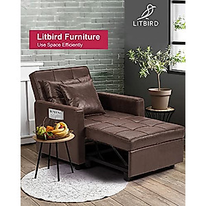 Litbird Convertible Chair Sleeper Bed, Futon Chair Turns Into Bed, Sofa Chair for Living Room, 3 in 1, Imitation Leather, Brown…