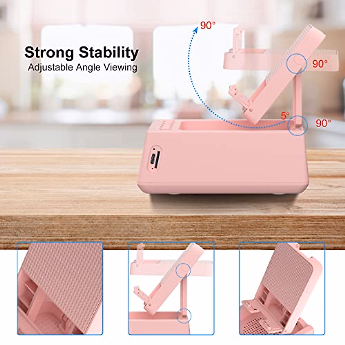 Deeyaple 3 in 1 Wireless Bluetooth Speaker with Loud Alarm Clock Cell Phone Stand TF Card Reader 12H Display Mic HD Surround Sound Kitchen Bedroom Office Cell Phone＆Tablet (Pink)