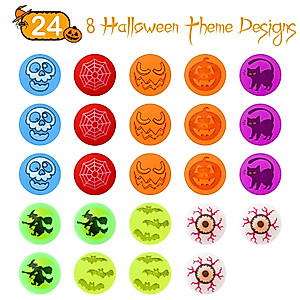 24pcs Halloween Glow in The Dark Bouncing Balls Halloween Theme Designs Bouncy Balls for Halloween Party Supplies（Come with a Pounch Bag）