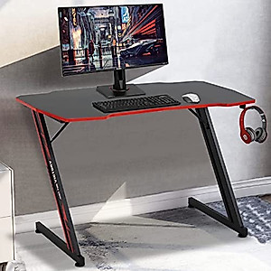 BLKMTY 47" Gaming Desk Z Shaped Gaming Desk Large Home Office Desks PC Computer Desk Workstation Study Desk Table Ergonomic Gamer Desk Wood Writing Desk with Headphone Hook for Game Player, Red