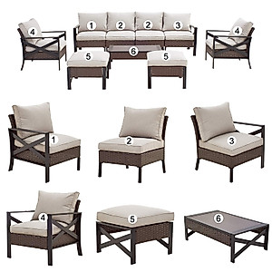 Festival Depot 9 Pcs Patio Outdoor Furniture Conversation Set Sectional Sofa with All-Weather Brown PE Rattan Wicker Back Chair, Ottoman, Coffee Table and Soft Thick Removable Couch Cushions