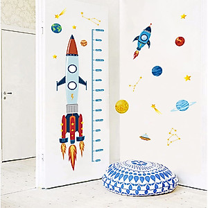 decalmile Wall Stickers Rocket Planets Height Measurement Picture Wall Sticker Space Wall Decoration Baby Boy Living Room