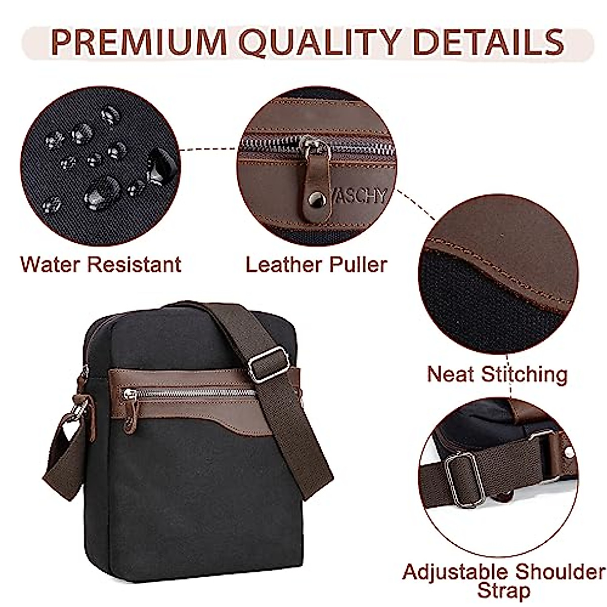 VASCHY Small Messenger Bag, Vintage Leather Canvas Crossbody Shoulder Side Bag for Men Women for Work/Travel Black