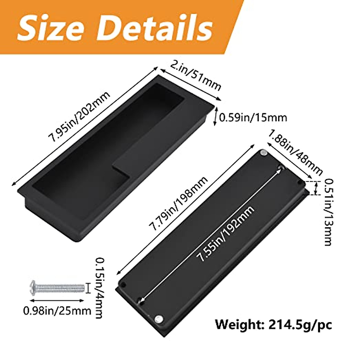 Morobor Zinc Alloy Flush Pull Handles, 2pcs Embedded Sliding Door Handle with Hidden Screws, 7.95'' Modern Simple Door Pull Handle for Sliding Barn Drawer Cupboard Wardrobe/Matte Black