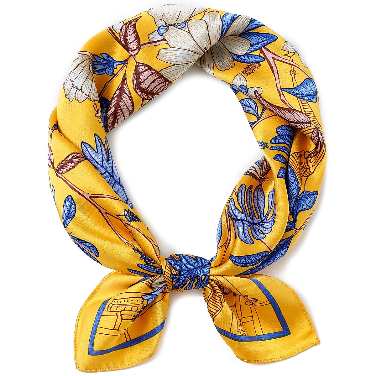 STARWHISPER 100% Pure Mulberry Silk Square Scarf-27''x27 Lightweight Neckerchief Hair Scarves Headscarf Night Sleeping with Gift Packed (Yellow Blue morning glory)