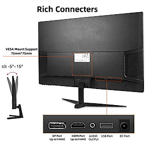 Wstirhy 24 inch 144hz Gaming Monitor, FHD PC Monitor LED 1920x1080, 1ms 144Hz, TN Panel, 99% sRGB, VESA, DisplayPort, HDMI, Black