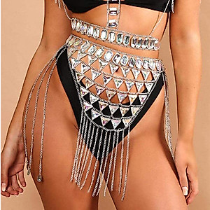 Salliy Rhinestone Waist Body Chains Skirt Silver Sexy Belly Chain Dress Summer Belly Belt Chain Jewelry Rave Festival Outfits for Women and Girls