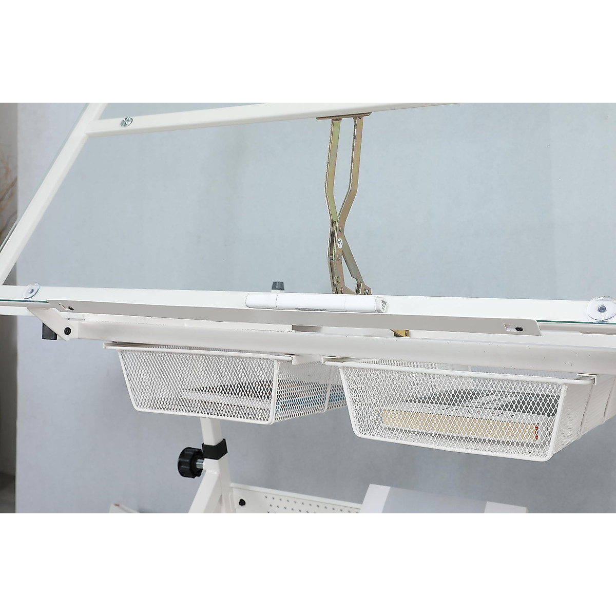 Landpink Glass Drafting Table Art Desk – Adjustable Professhional Artwork Drawing Drafting Table Desk, Glass-Topped Art Table for Craft Station Studio Home Office School w/Drawers/Chair (White)