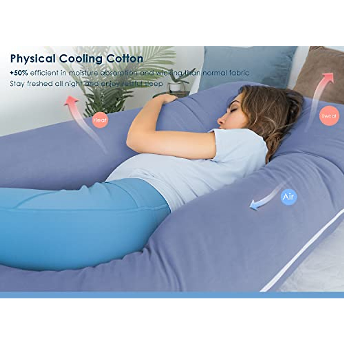 QUEEN ROSE Pregnancy Pillows, Cooling U Shaped Body Pillow for Sleeping, Maternity Pillow for Pregnant Women, Organic Cotton and Back Pain Relief, Blue