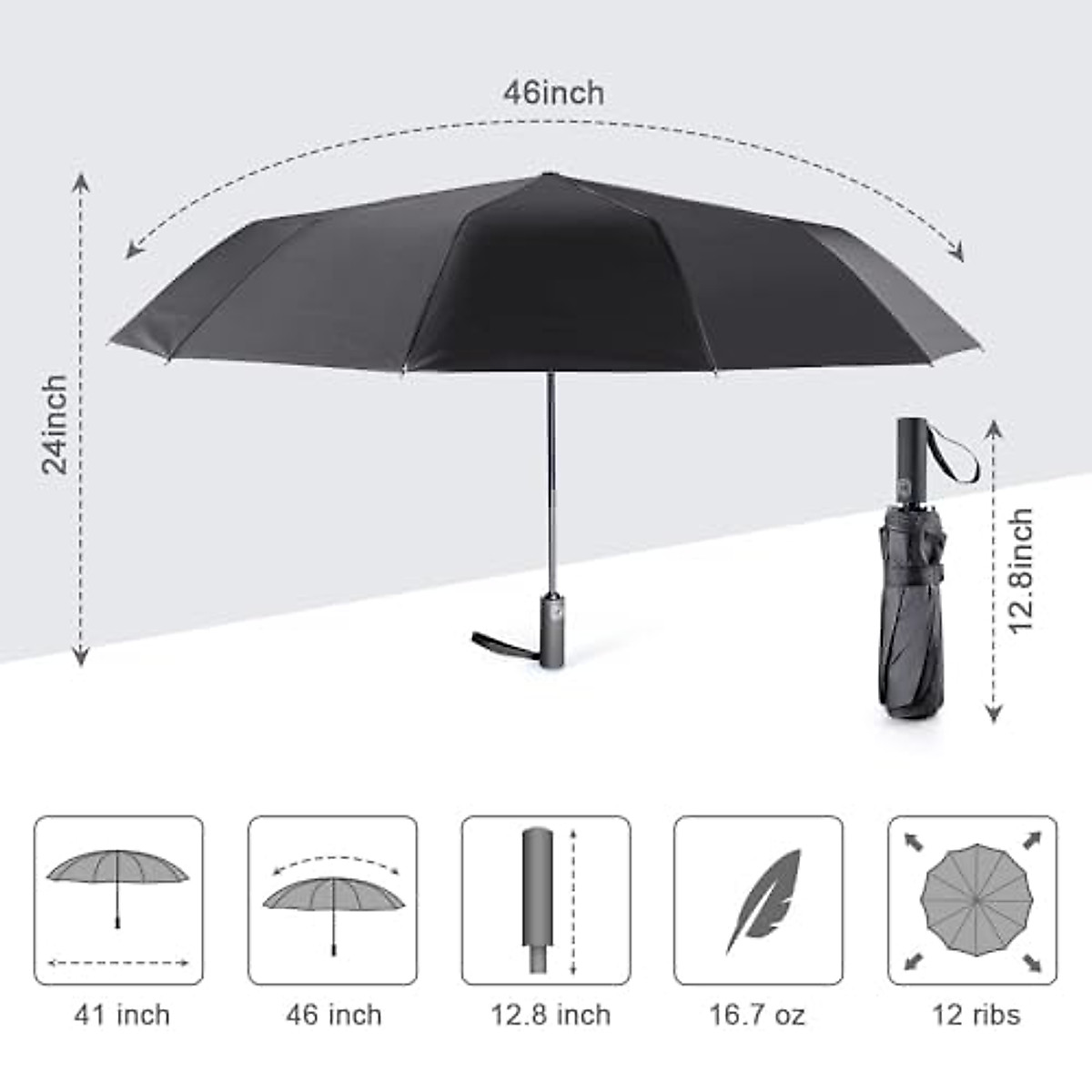 JBM Collapsible Umbrella Large Portable Auto Open Umbrella Compact Travel Umbrella Folding Sun & Rain Protection Windproof Double Reinforced Fiberglass Frame Umbrella for Adults