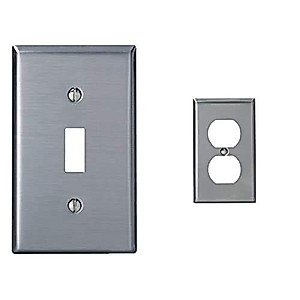 Leviton 84001-40 1-Gang Toggle Device Switch Wallplate, Device Mount, Stainless Steel and Leviton 84003-40 1-Gang Duplex Device Receptacle Wallplate, Standard Size, Device Mount, Stainless Steel