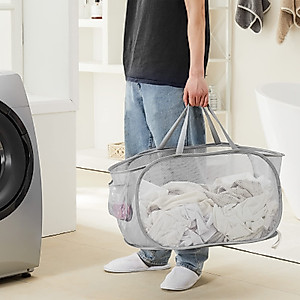 Mesh Pop Up Laundry Basket with Strong Handles, Large Opening Collapsible Clothes Hampers, Portable & Easy for Use (1 Pack, Grey)