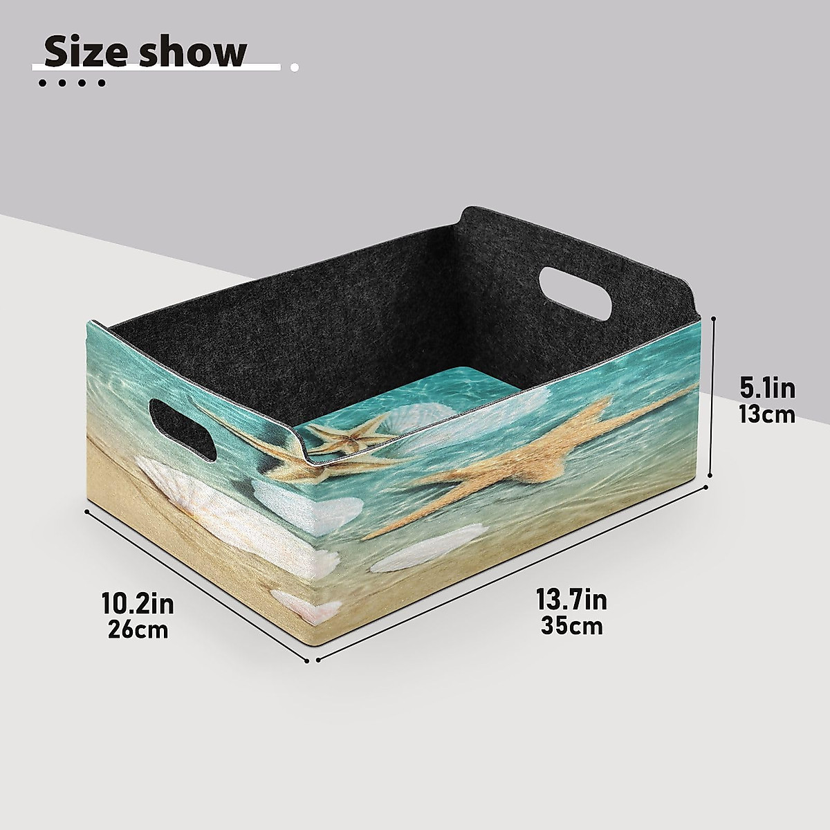 Kigai Summer Beach Starfish and Seashell Storage Basket, Foldable Open Storage Bins with Double Handle, Felt Storage Boxes for Office Desk, Rectangular Closet Organizer Containers for Home Bedroom