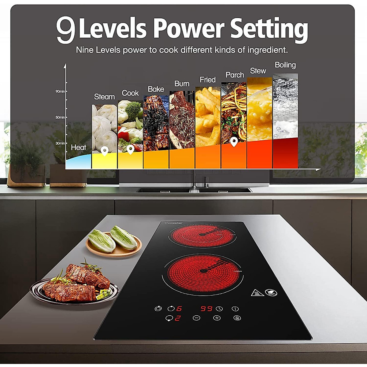 AMZCHEF 2 Burner Electric Cooktop 12 Inch, Domino Electric Stove Top 120v Plug Ceramic Cooktop with 1800W 9 Power Levels,Sensor Touch,Child Lock,Residual Heat Indicator,Built-in&Countertop,Upgraded