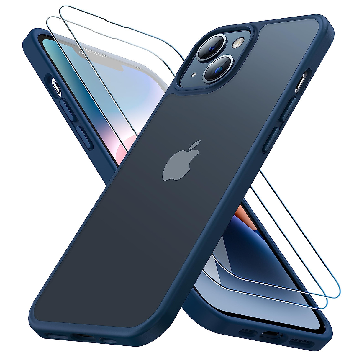 LϟK 3-in-1 for iPhone 13 Case for iPhone 14 Case, Translucent Matte Back with 2X Screen Protectors, [Military-Grade Drop Tested] Shockproof Slim Anti-Fingerprint Phone Case for iPhone 13/14, Blue