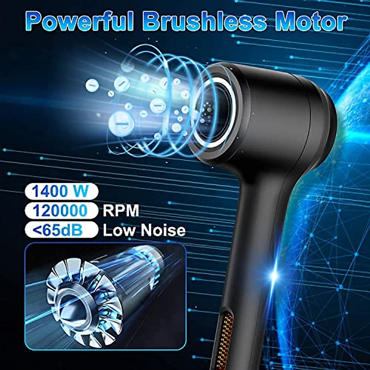 Hair Dryer, Negative Ionic Blow Dryer with 110, 000 RPM Brushless Motor for Fast Drying, Low Noise, High-Speed Hairdryer with 2 Nozzles, a Handbag, for Home, Salon Black