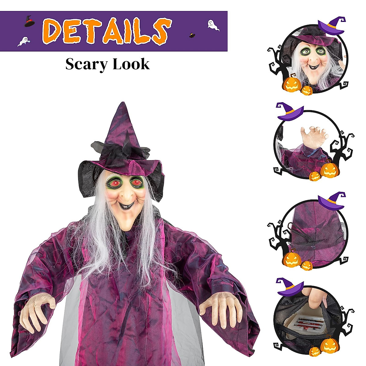 72" Halloween Decorations Outdoor,Hanging Animated Talking Witch Decoration with Light-up Eyes and Sound Activation Function for Halloween Haunted House Prop Everyday Décor Lawn Decor