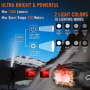 NICRON Rechargeable Headlamp, High Bright 1500 lumens 180° Rotating Aluminum LED Head Lamp with 3 Light Sources 10 Modes Waterproof Head Flashlight H25 for Camping Hunting Running Fishing Biking,Black