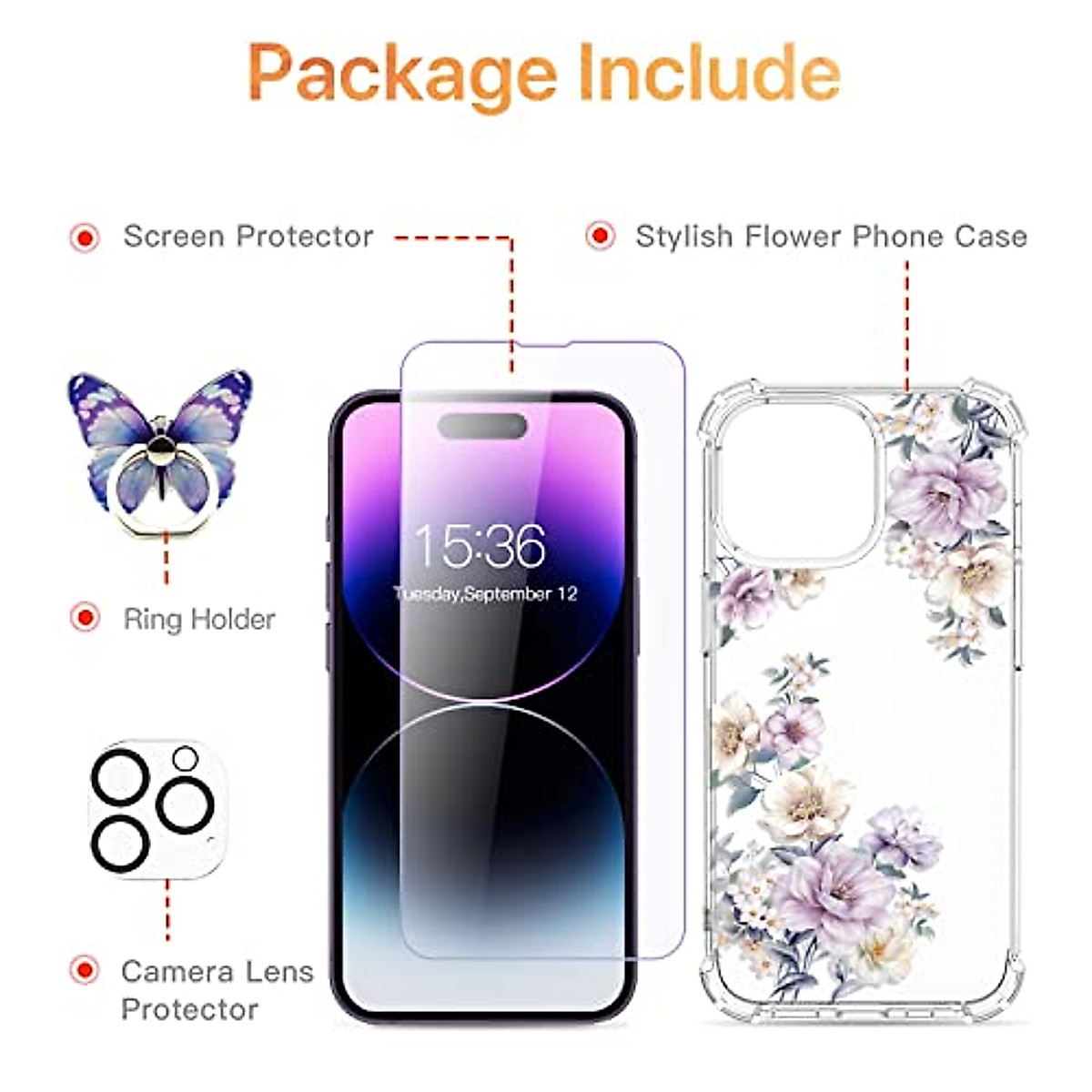 ROSEPARROT Designed for iPhone 14 pro max Case with Tempered Glass Screen Protector + Camera Lens Protector, Clear with Floral Pattern Design, Shockproof Protective Cover （Anemone Blooms）