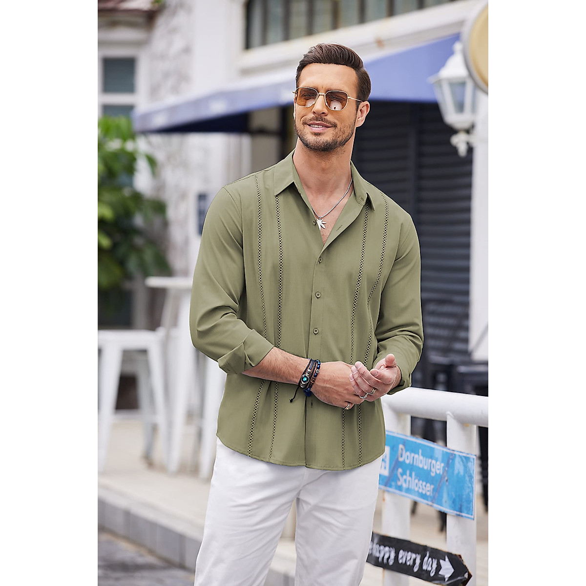 COOFANDY Mens Long Sleeve Cuban Guayabera Shirt Casual Summer Beach Button Down Shirts Green