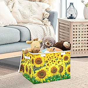 innewgogo Field Yellow Sunflowers Storage Bins with Lids for Organizing Baskets Cube with Cover with Handles Oxford Cloth Storage Cube Box for Car