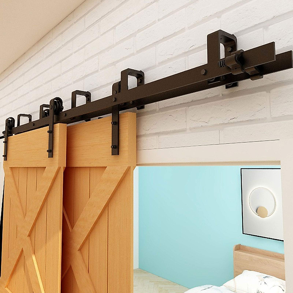 CCJH 9FT Bypass Sliding Barn Door Hardware Kit Double Track Low Ceiling Heavy Duty for Double Wooden Doors, Basic Hanger