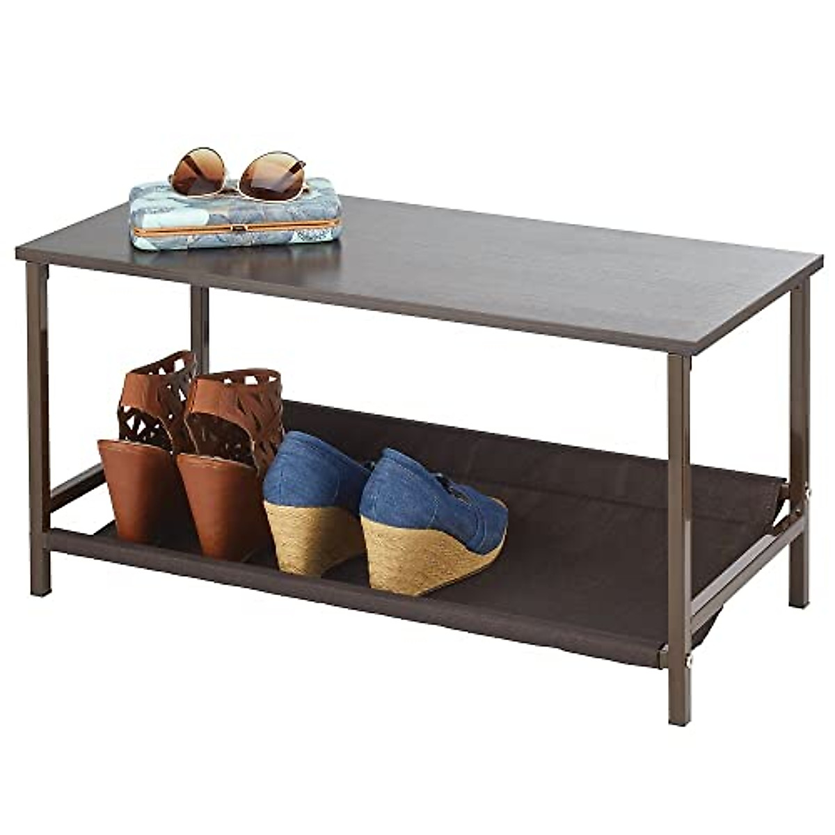 mDesign Shoe Storage Shelf with Fabric Rack for Entryway, Hall, Mudroom, Closet, Compact 2-Tier Organizer Unit for Wedges, Flats, Sneakers, Wood Top, Metal Frame, Lido Collection, Espresso Brown