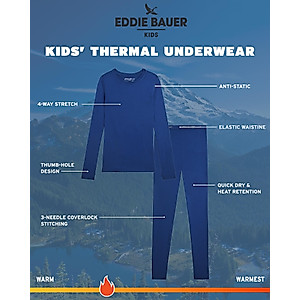 Eddie Bauer Thermal Underwear For Kids - 2 Piece Performance Base Layer Underwear Set For Boys and Girls (5-16), Size 10-12, Nautical Blue