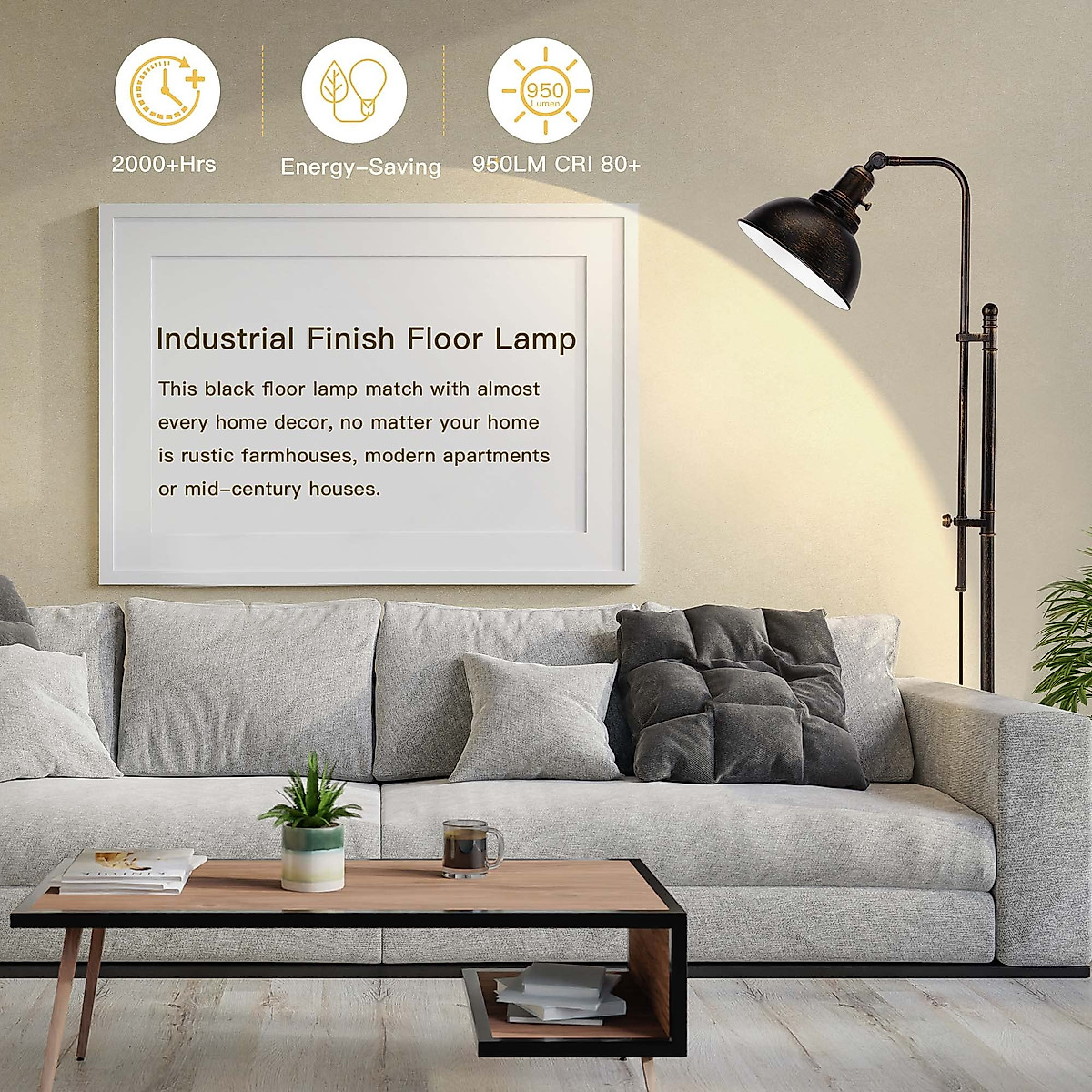 PARTPHONER Industrial Floor Lamp Adjustable, Rustic Farmhouse Reading Lamp in Aged Black Finish, Modern Standing Lamp with Remote Control Metal Shade for Living Room Bedroom Study Room Office Hotel