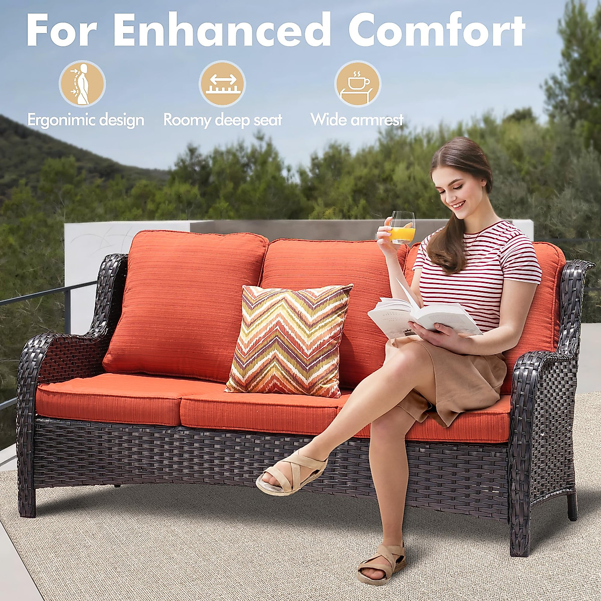 XIZZI Patio Furniture Set with Fire Pit Table,7 Pieces Outdoor Furniture with Swivel Rocking Chairs,All Weather Wicker Outside Conversation Sets for Balcony,Deck,and Backyard,Brown Rattan Orange Red