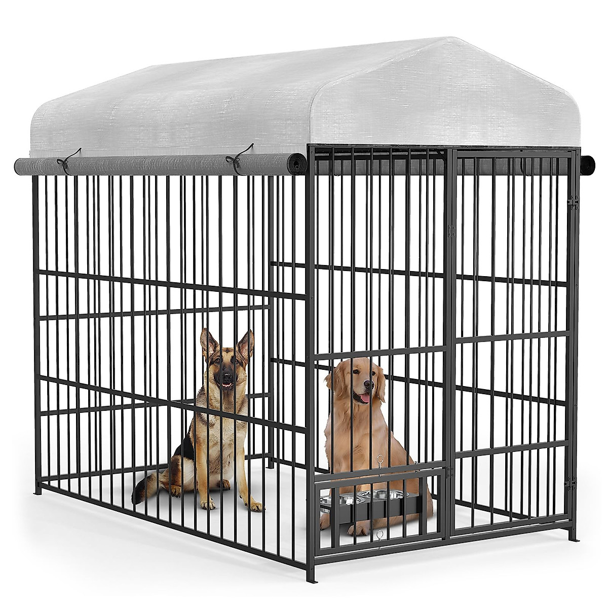 Lyromix Dog Kennel Outdoor with Waterproof Roof and Rotating Feeding Doors, Outdoor Dog Kennel Playpen Crate with Secure Lock and Bowls, Large Heavy Duty Welded Wire Dogs Run Enclosure, 6.6'×3.9'×5.9'
