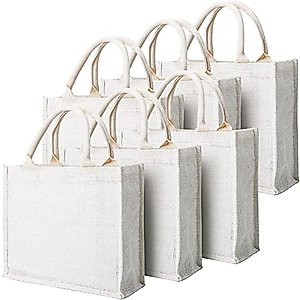 Segarty Tote Bags, 6 Pack Small White Burlap Jute Reusable Canvas Gift Favors Bag with Handles Blank Totes Bulk for Bridesmaid Wedding, Women Market Grocery Shopping, Bachelorette Party, Beach Trip