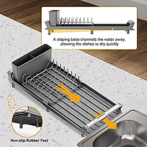 OROPY Small Dish Drying Rack Expandable Dish Rack Dish Drainer and Utensil Holder, Compact Stainless Steel Dish Drain for Kitchen Counter Cabinet (Grey)