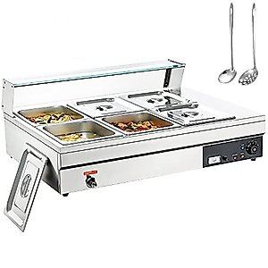 6-Pan Commercial Food Warmer with Tempered Glass Cover - Stainless Steel Countertop Electric Steam Table for Catering and Restaurants