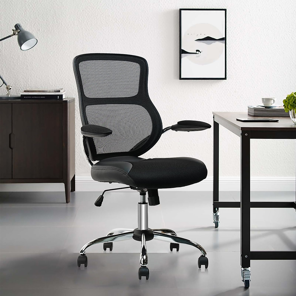 CLATINA Office Mesh Chair Ergonomic Rolling Computer Desk Chair with Flip-up Padded Armrest and Adjustable Height for Home or Office Conference Room (Black)