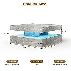 HedoAjim LED Coffee Table for Living Room, Living Room Table 2-Tier Square Middle Center Table, Modern Coffee Tables with Storage, Contemporary Wood Tea Tables for Dining Reception, Grey