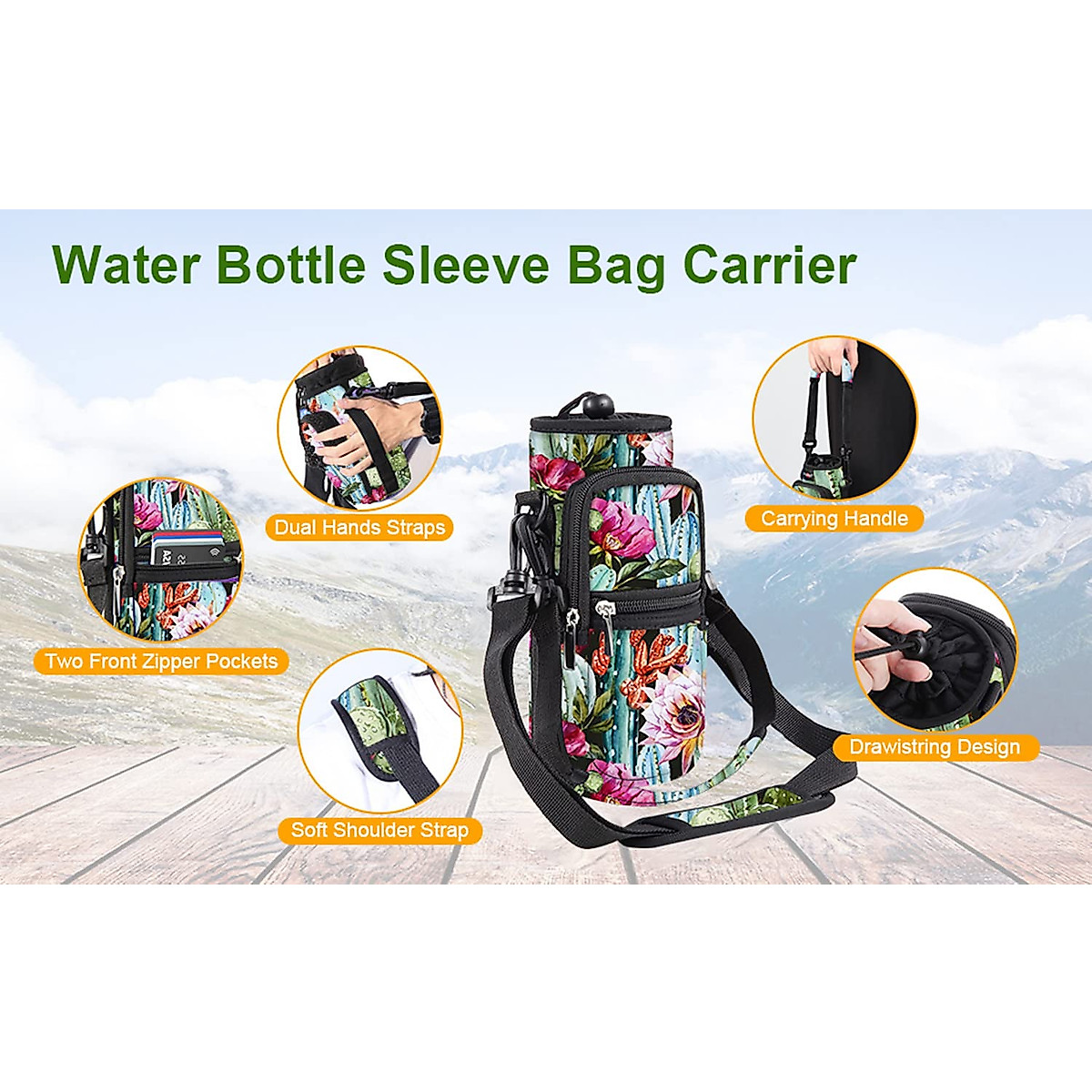 WINTOJO Neoprene Water Bottle Carrier Bag Holder 25oz 32oz 40oz 64oz Insulated Water Bottle Sling Sleeve Case Cover with Strap Pockets for Men Women Walking Hiking Running (32oz, cactus)