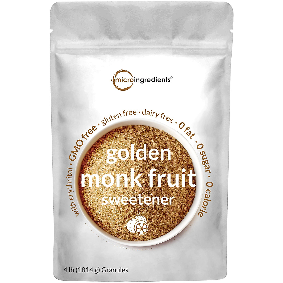 Golden Monk Fruit Sweetener with Erythritol, 4 Pounds - No After Taste - Brown Sugar Substitute, Keto Diet Friendly, Zero Calorie, Natural Sweetener for Drinks, Coffee, Tea, Cookies, No-GMO, Vegan