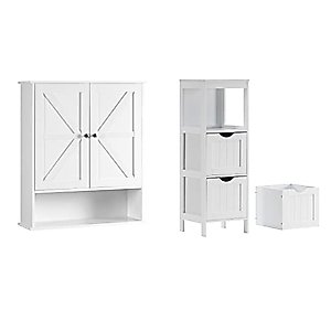 Reettic Narrow Bathroom Floor Cabinet with 3 Removable Drawers & Two Door Wall Cabinet, Wooden Medicine Cabinet, Wall Mounted Bathroom Storage Cabinet with Inner Adjustable Shelf