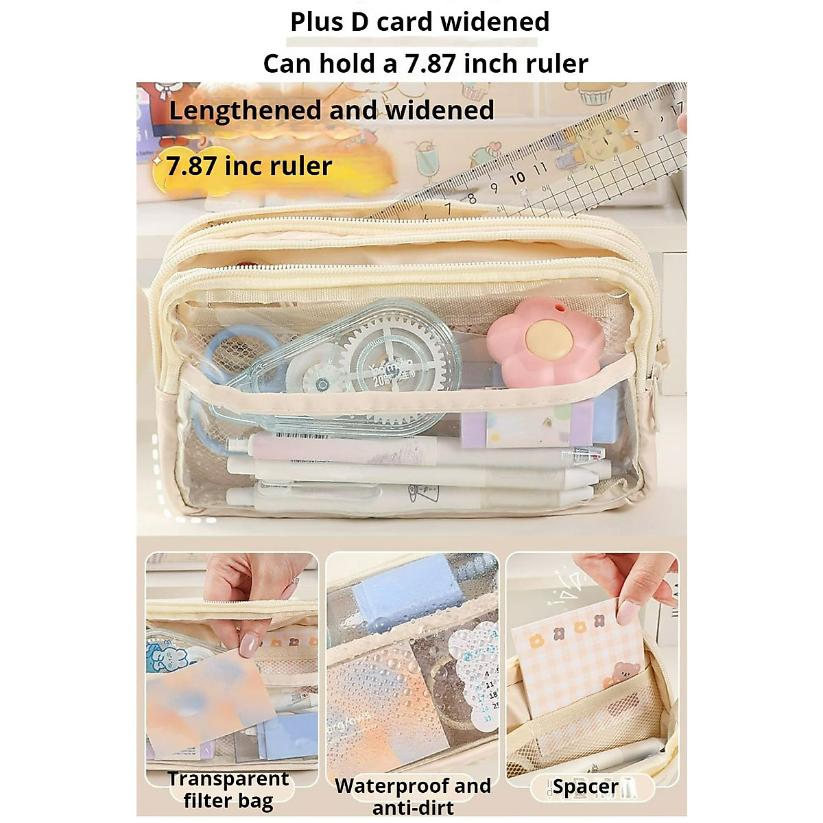 Cute Pencil Case Large Capacity Pen Bag Mesh Kawaii Pen Case Clear Pencil Pouch Gift (Pink)