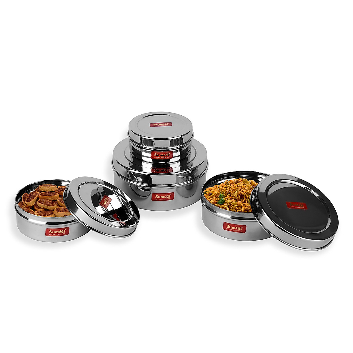 Sumeet Stainless Steel Flat Canisters/Puri Dabba/Storage Containers Set of 4Pcs (No. 6 To No. 9) (200ml, 350ml, 500ml, 800ml)