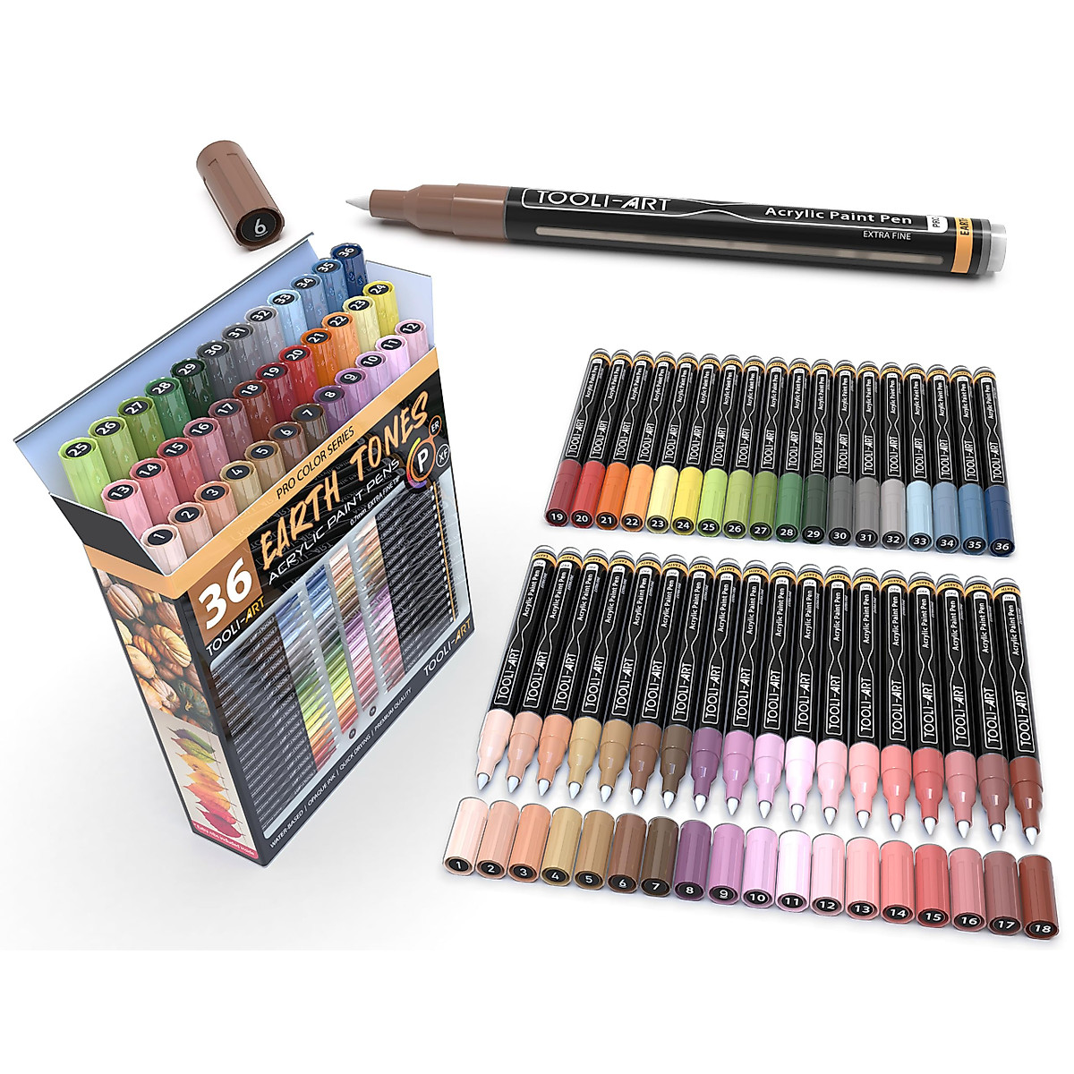 36 Acrylic Paint Pens Skin and Natural Earth Tone Marker Set For Rock Painting, Canvas, Mugs, Glass, Plastic, Wood, Metal, Fabric, Scrapbooking, Most Surfaces. Quick Drying Waterbased (EXTRA FINE)