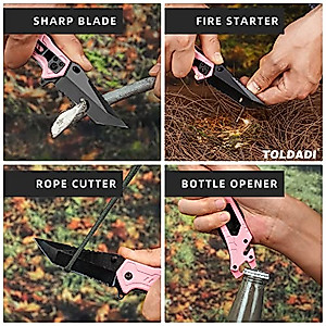 Toldadi 7-in-1 Multitool Pink Pocket Knife for Women - 3.2" Folding Pocket Knife with Spring Assisted Opening, Clip, Liner Lock - Versatile Tool for Outdoor, Camping, Survival, Hiking