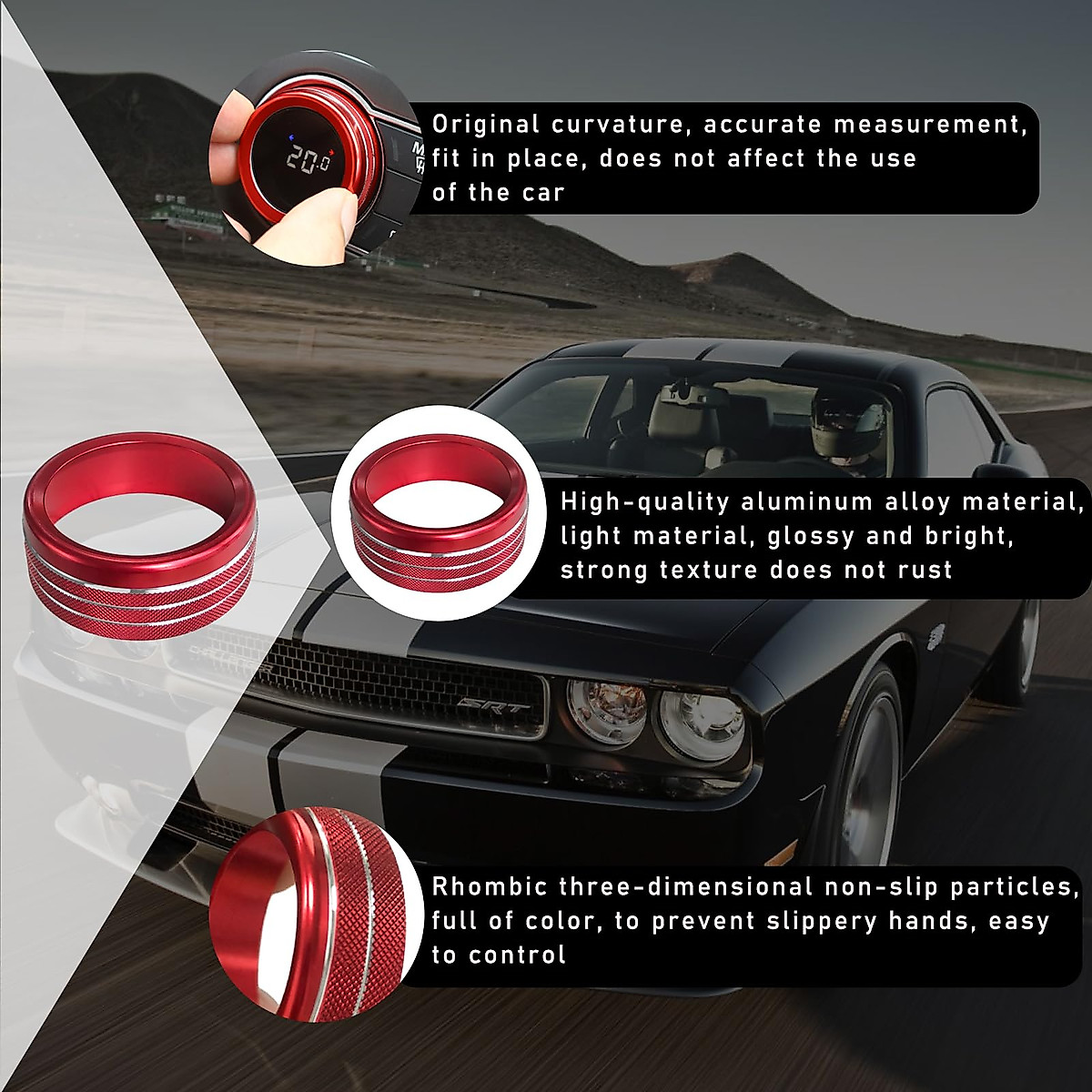 Dickno 3PCS Air Conditioner Switch Button Knob Cover, Aluminum Alloy A/C Decal Trim Rings Compatible with Dodge Challenger Durango 2015-2022, Auto Interior Decor Accessories (Red)